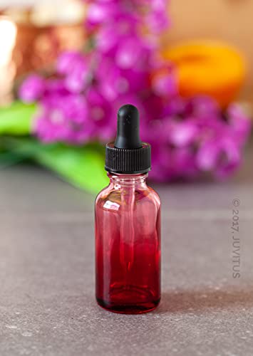 JUVITUS 1 oz / 30 ml Red Faded Glass Boston Round Bottle with Black Dropper (12 pack)