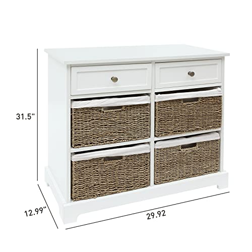 Babion Storage Cabinet with Baskets, Storage Organizer with 2 Drawers and 4 Wicker Baskets, Wicker Dresser with Wooden Tabletop, White Wicker Basket Storage Chest for Closet, Bedroom, Dorm