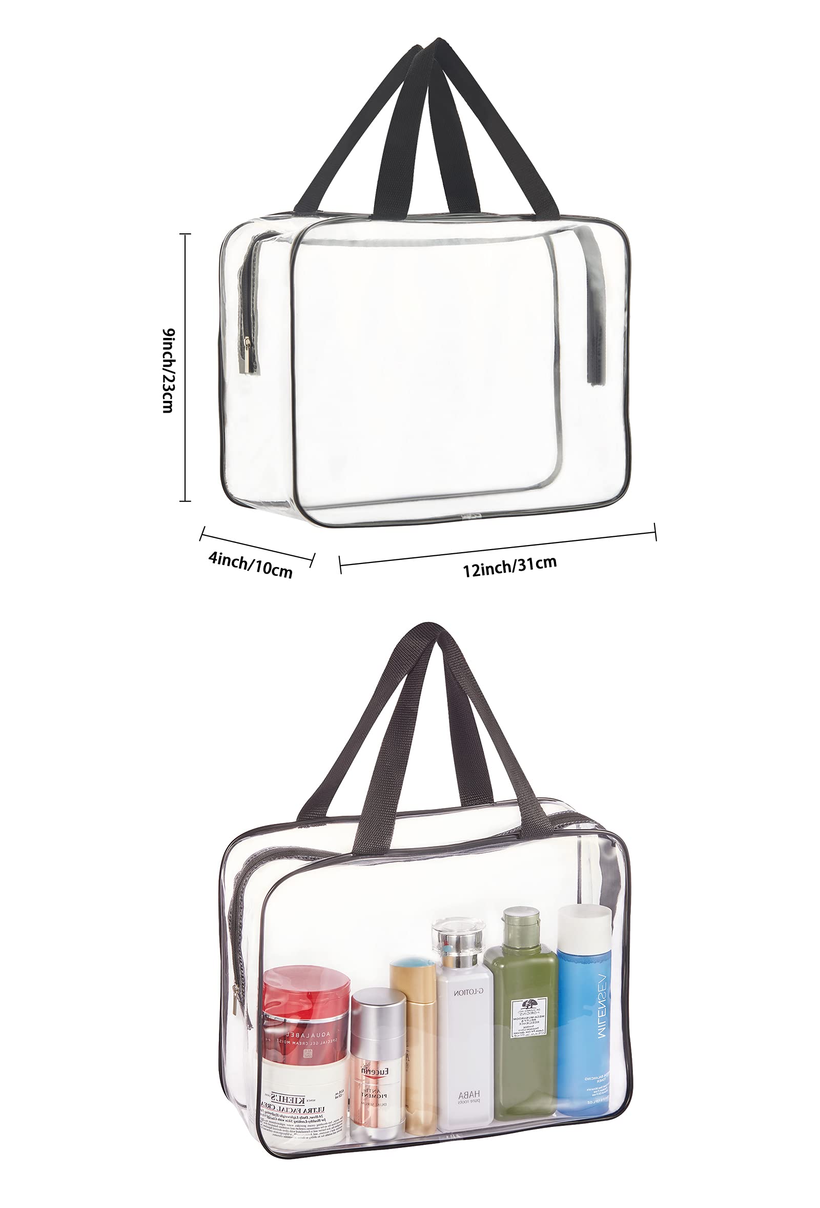 NATURAL STYLE 3 Pieces Clear Makeup Cosmetic Bags for Travel, TSA Approved Clear Toiletry Bag Set with Zipper, Waterproof Transparent PVC Packing Cubes Organizer Storage Bag (Black)