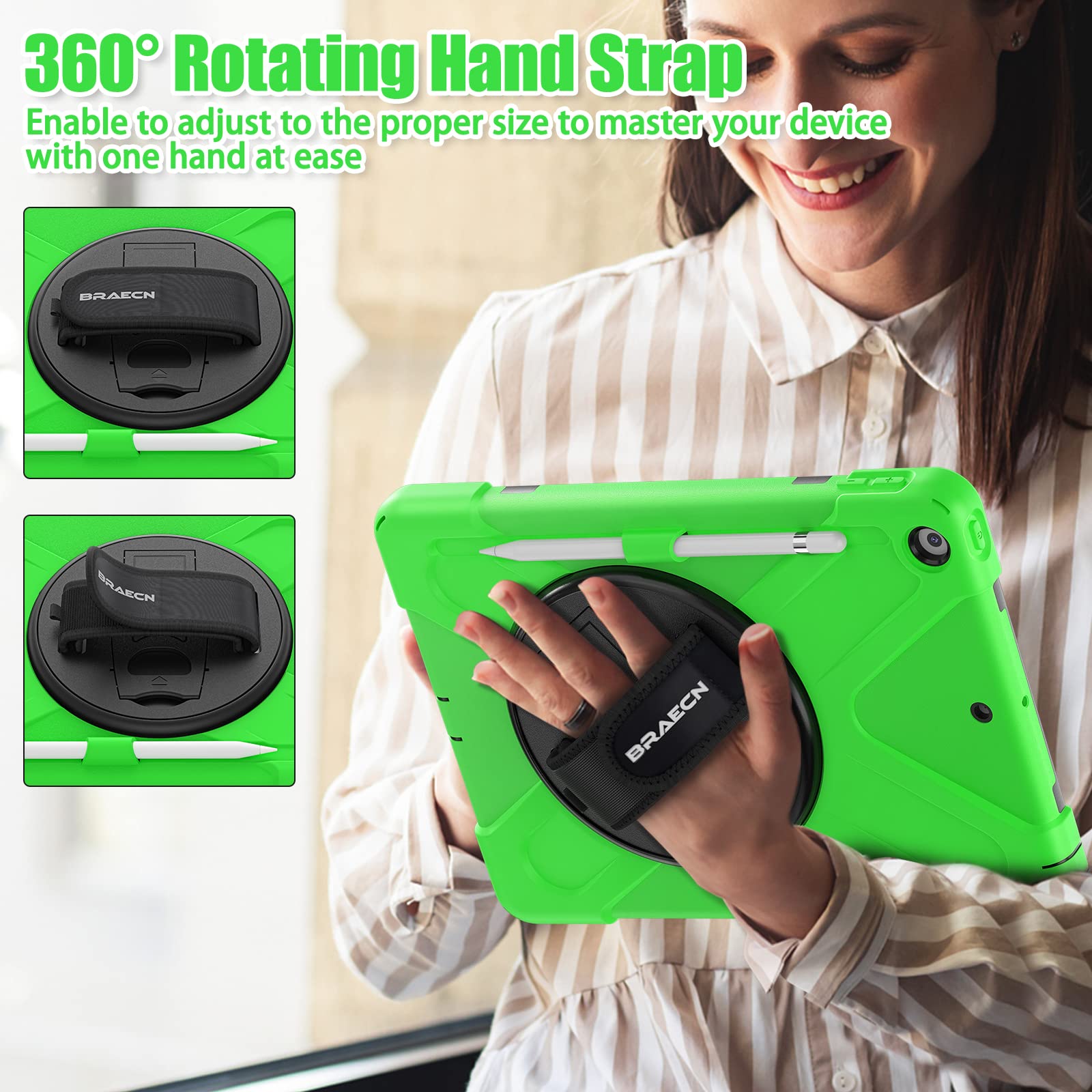 BRAECNstock for Apple iPad 9th 8th 7th Generation Case 2021 2020 2019 Shockproof iPad 10.2 Case Cover with Screen Protector Pen Holder Rotating Stand+Hand Strap Kids Case for iPad 9th 8th Gen - Green