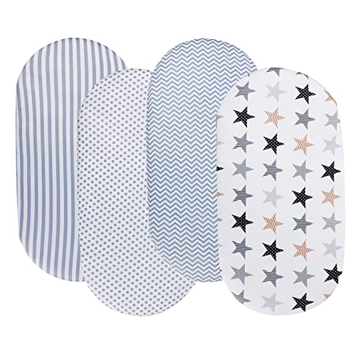 Bassinet Sheets 4 Pack for Baby Unisex, Stretchy Jersey Knitted Fitted Sheet Universal for Oval Rectangle and Hourglass Bassinet Mattress, White and Grey, Neutral for Baby Boy and Girl