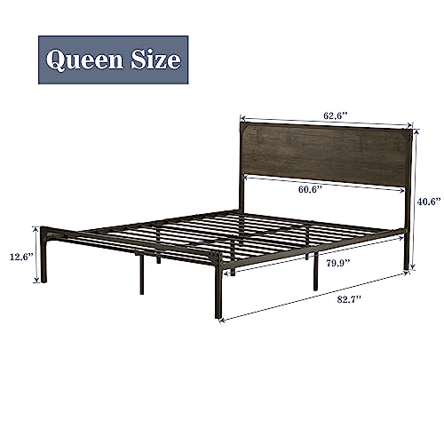 Allewie Queen Size Bed Frame with Wood Headboard, Metal Platform Frame with Strong Slats and Rivet Decoration, Easy Assembly, No Box Spring Needed, Noise Free, Brown