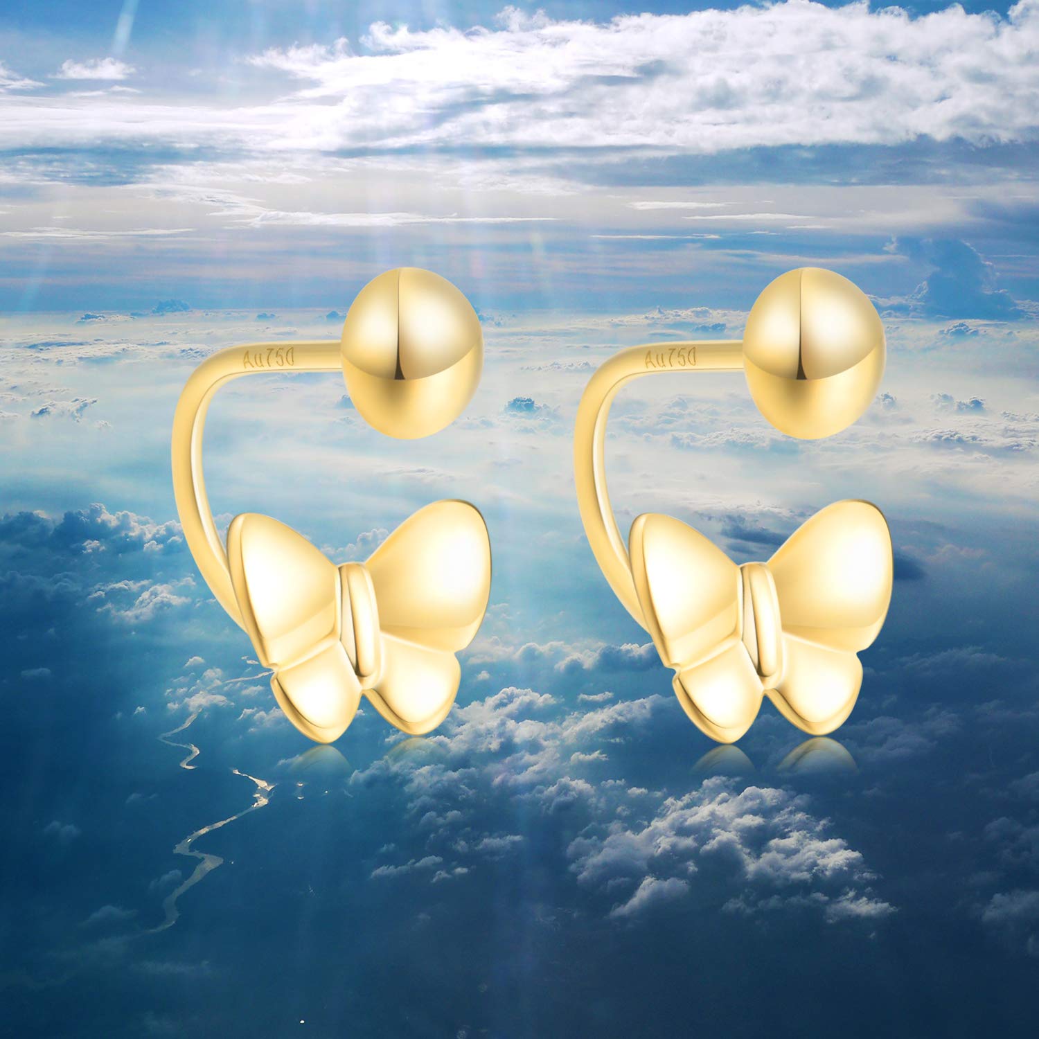 18k Yellow Gold Butterfly Earrings for Women Screw Back, Ear Jacket Fine Jewelry