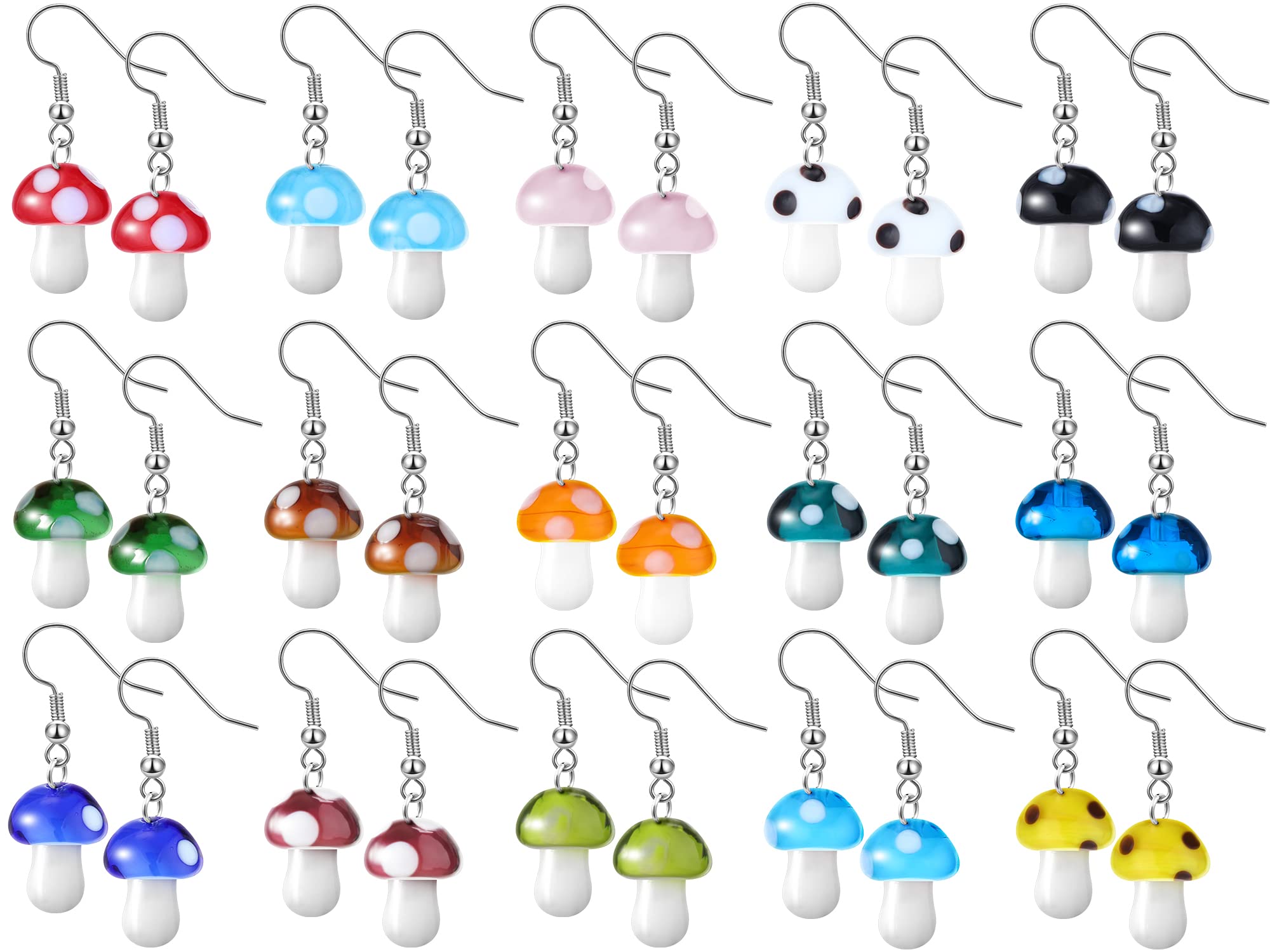 15 Pairs Mushroom Earring for Women Girls Dangle Weird Earrings Creative Handmade Jewelry Glass Mushroom Pendant Drop Earrings Charm Accessories Colorful Funny Food Sweet Fresh