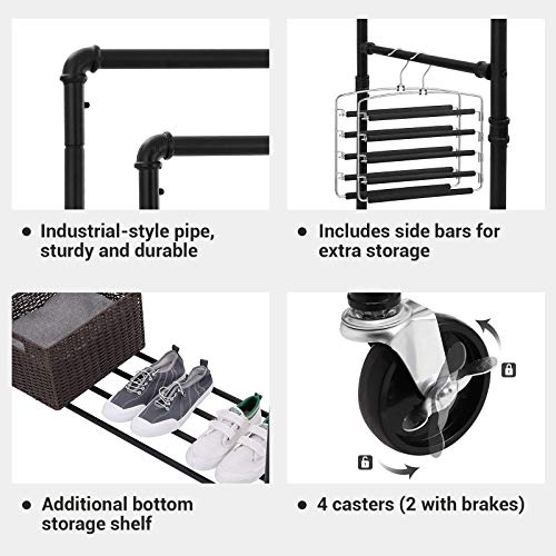 SONGMICS Double-Rail Clothes Rack Bundle with 3-Pack 5-Bar Pants Hangers, Industrial Pipe Design Garment Rack on Wheels, Space-Saving Trousers Hangers with Swing Arms, Black UHSR60B and UCRI041BK