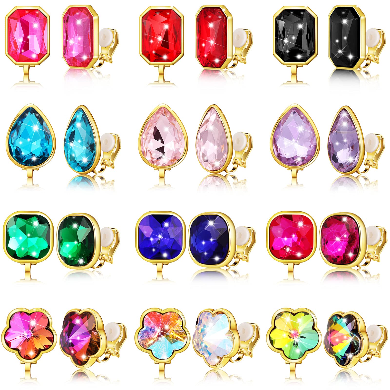 12 Pairs Clip on Earrings for Women Vibrant Color Birthstone Fake Earrings Glittering Clip-on Earrings Set for Women