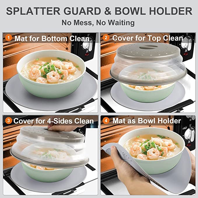 2 in 1, Upgrade Microwave Food Cover & Mat- Mat as Bowl Holder, Cover for Plates Splatter Guard, 10 Inch Silicone Multi-Purpose Mat & Collapsible Lid for Microwave Clean, BPA Free, Easy Grip, Grey