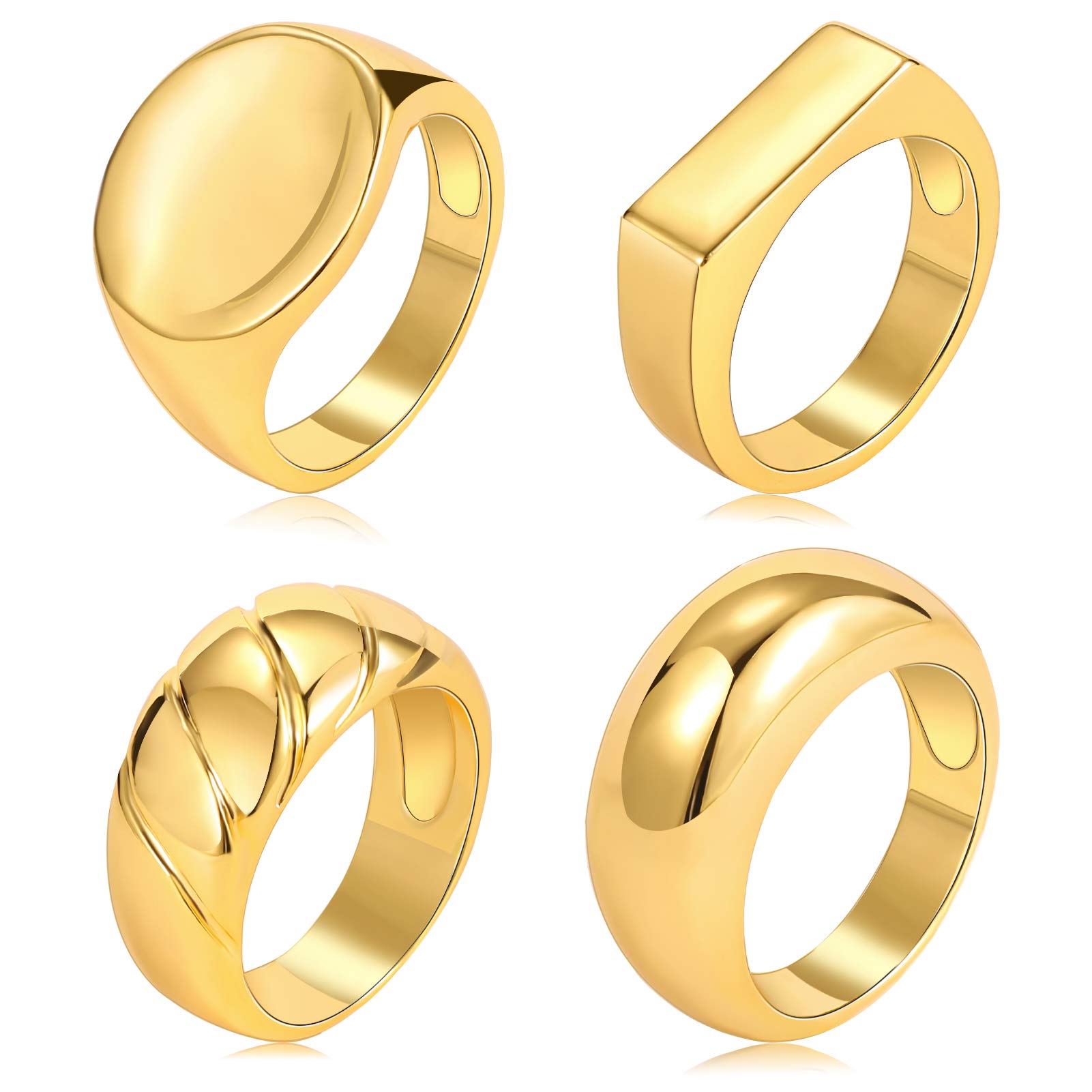17 MILE 4 PCS Gold Chunky Dome Rings Set for Women/Men, 18K Real Gold Signet Polished Round Stacking Minimalist Ring Size 5-10 (Gold Size 5.75-6)