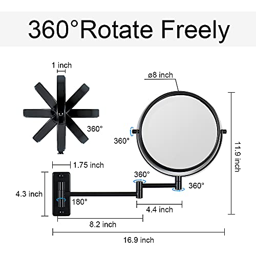 mumianshu Wall Mounted Makeup Mirror, 1x/ 10x Magnifying Makeup Mirror, 8" Double Sided Make up Mirror with 360 Degree Swivel Extendable Arm, Home Bathroom Shaving Vanity Mirror (Black)