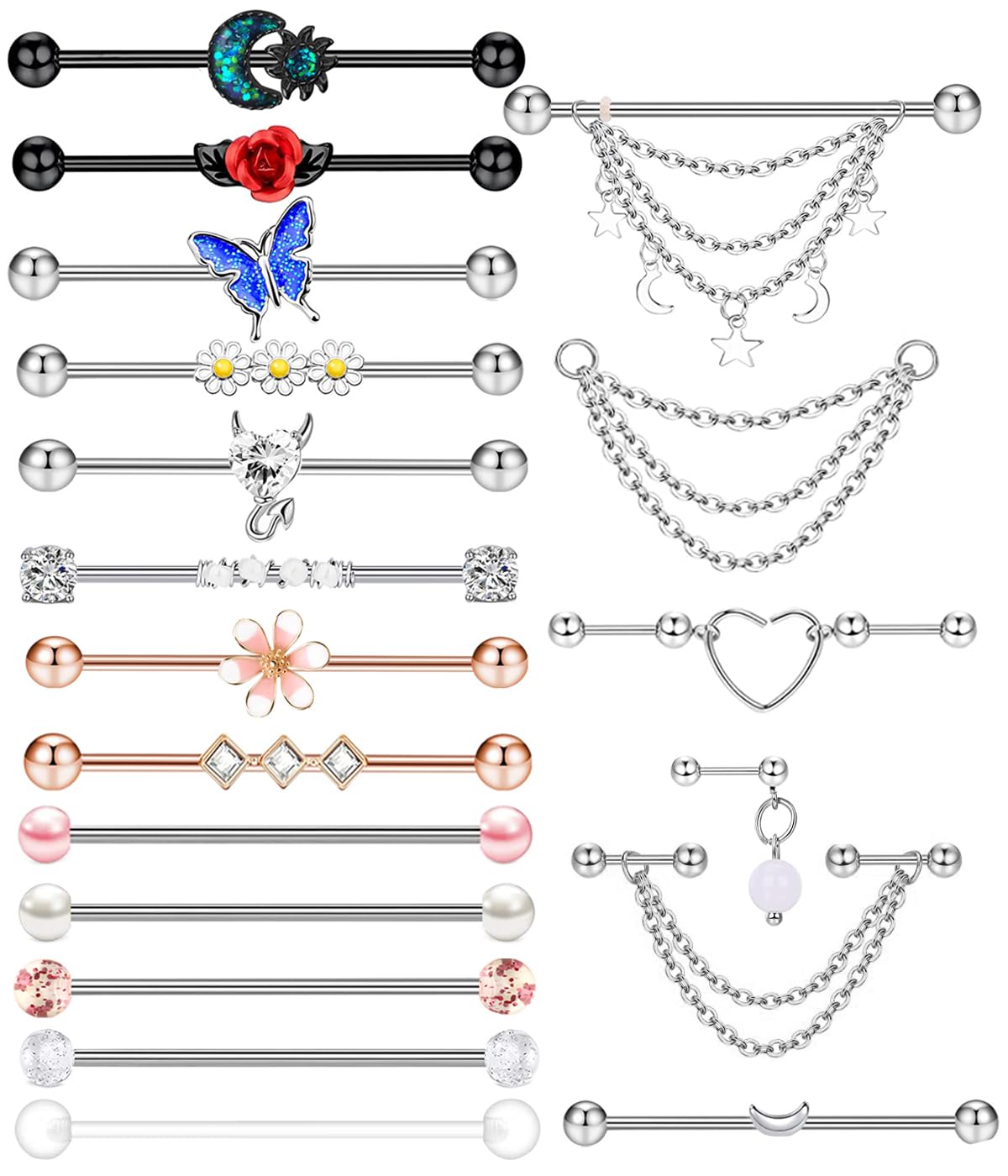 14G Industrial Barbell Earrings Stainless Steel Long Cartilage Helix Conch Body Piercing Jewelry 7-18pcs (Set #1)