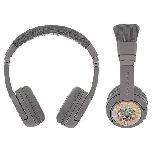 BuddyPhones Play+, Wireless Bluetooth Volume-Limiting Kids Headphones, 20-Hours Battery Life, 3 Volume Settings, Voice Enhancing StudyMode, Answer/Playback Button, BuddyLink Cable, Grey Matter