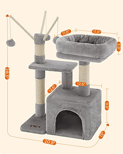 Feandrea Cat Tree, Small Cat Tower with Padded Perch, Cat Cave, 3 Pompoms, Cat Activity Center, Light Gray UPCT121W01
