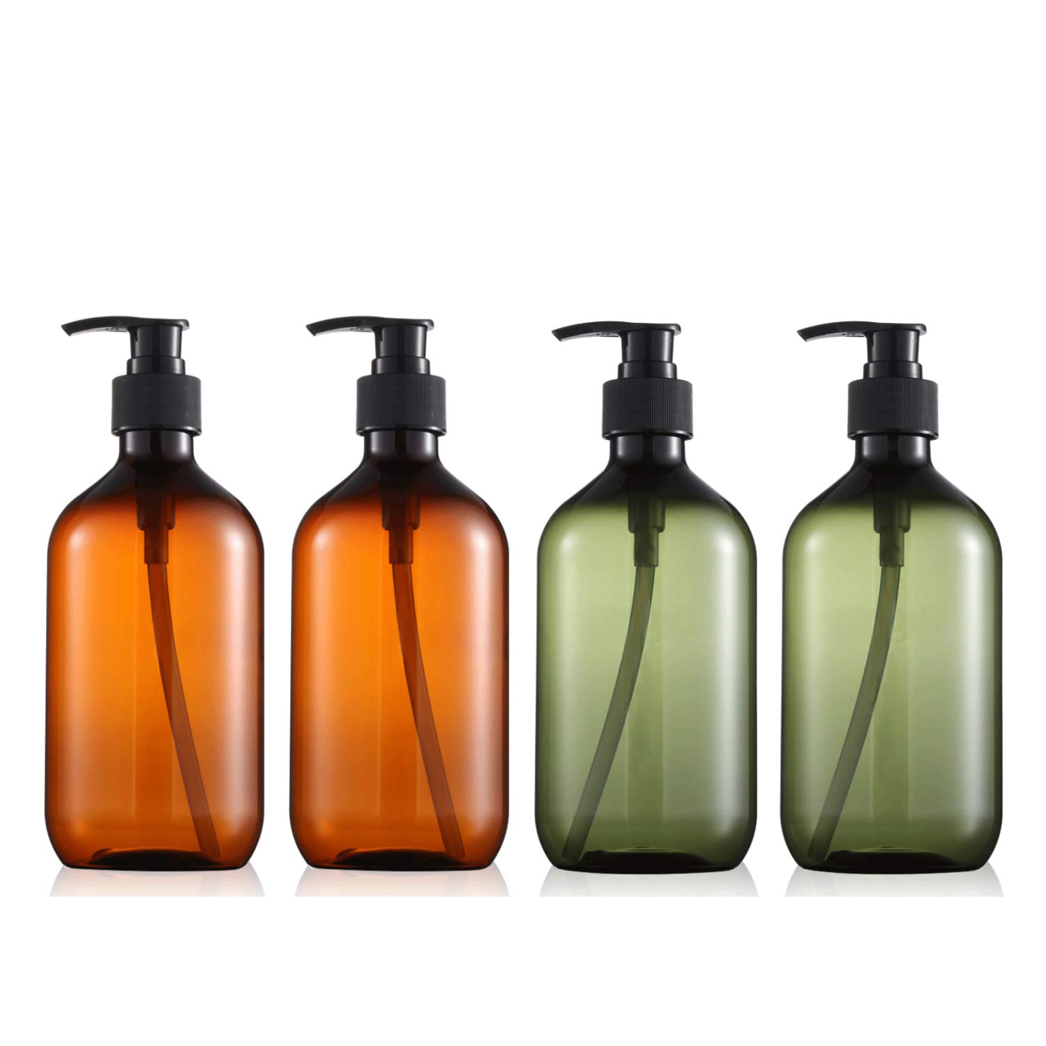 17 Ounce Hand Soap Dispenser Bottles, Refillable Plastic Pump Bottle Containers, for Kitchen and Bathroom, Amber and Green, 4 Pcs
