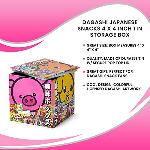 Dagashi Japanese Anime Otaku Snacks Tin Storage Box - 4x4-Inch Metal Novelty Stash Container With Pop Top Lid - Decorative Organizer Holder Cube Canister