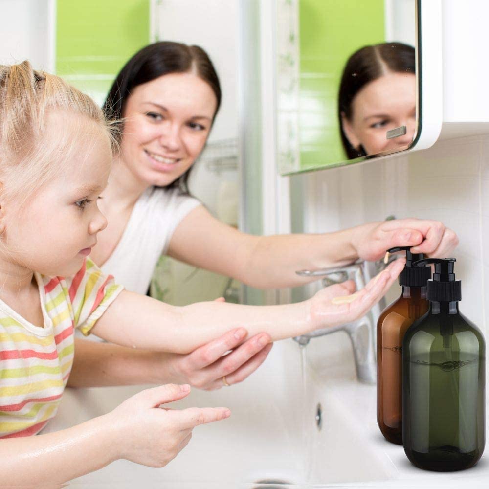 17 Ounce Plastic Hand Soap Bottles with Pump, Refillable Dispenser Bottle for Kitchen and Bathroom, Amber and Green, 2 Pcs