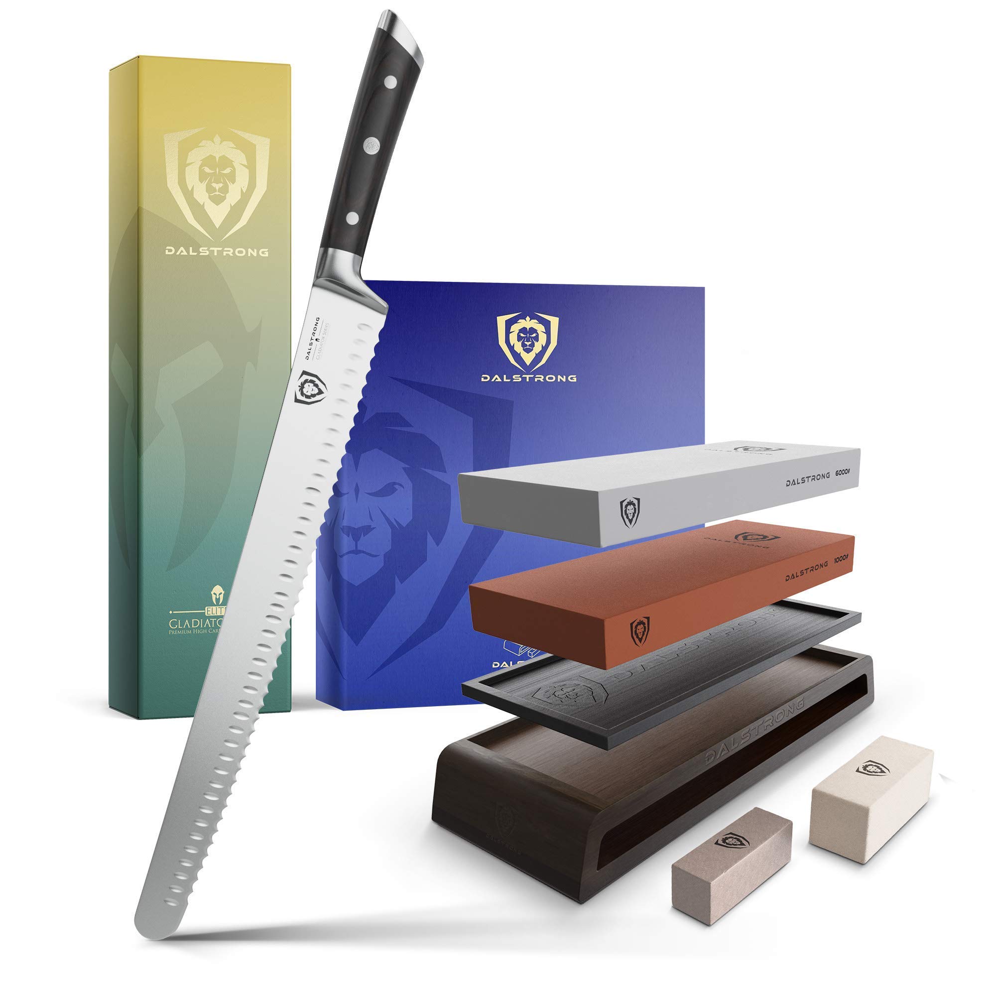 Dalstrong The Gladiator Series Elite Serrated Slicing & Carving Knife 14" Bundled with Premium Whetstone Kit #1000/#6000 Grit