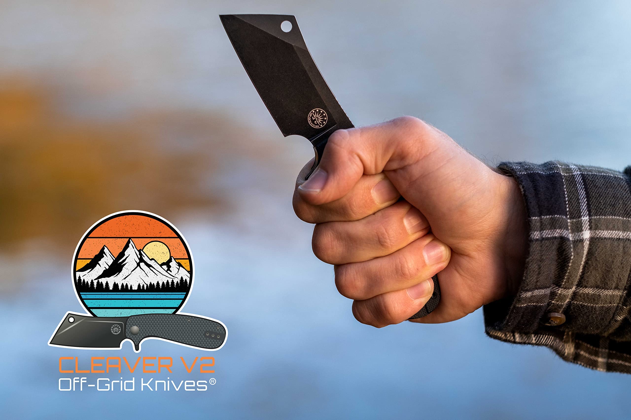 Off-Grid Knives - Cleaver V2 Folding Knife, D2 Tumbled Black Cleaver Blade, G10 Scales, Ceramic Ball Bearings, Left & Right Hand Carry