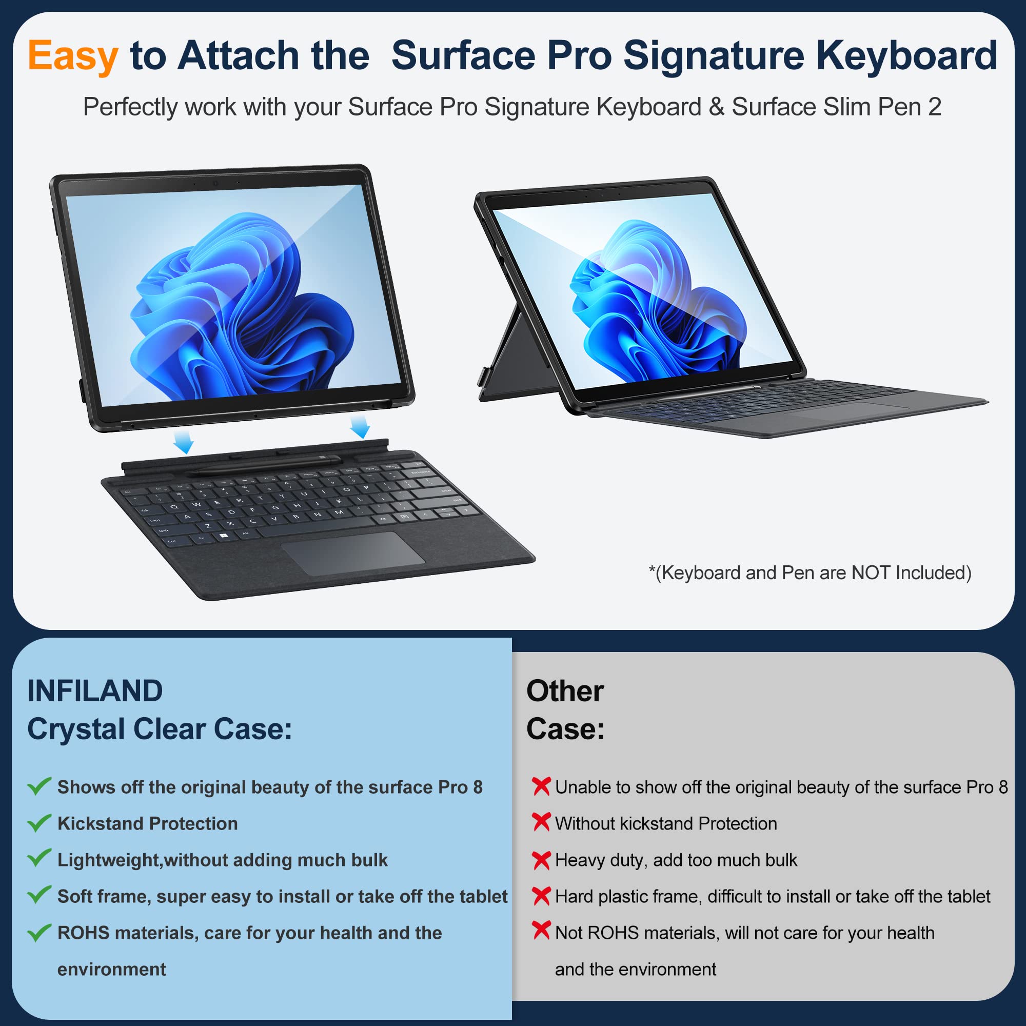INFILAND Case Compatible with Microsoft Surface Pro 8, High Clear Transparent Shockproof Robust Portable Protective Case Multi-Angle Adjustable Stand for Surface Pro 8 13 Inch 2021 Tablet, Black