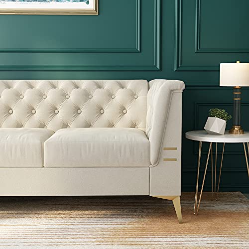 ANTTYBALE 82" Mid Century Modern Sofa for Living Room Velvet Couch Chesterfield Sofa with Gold Legs for Bedroom Office (Beige)