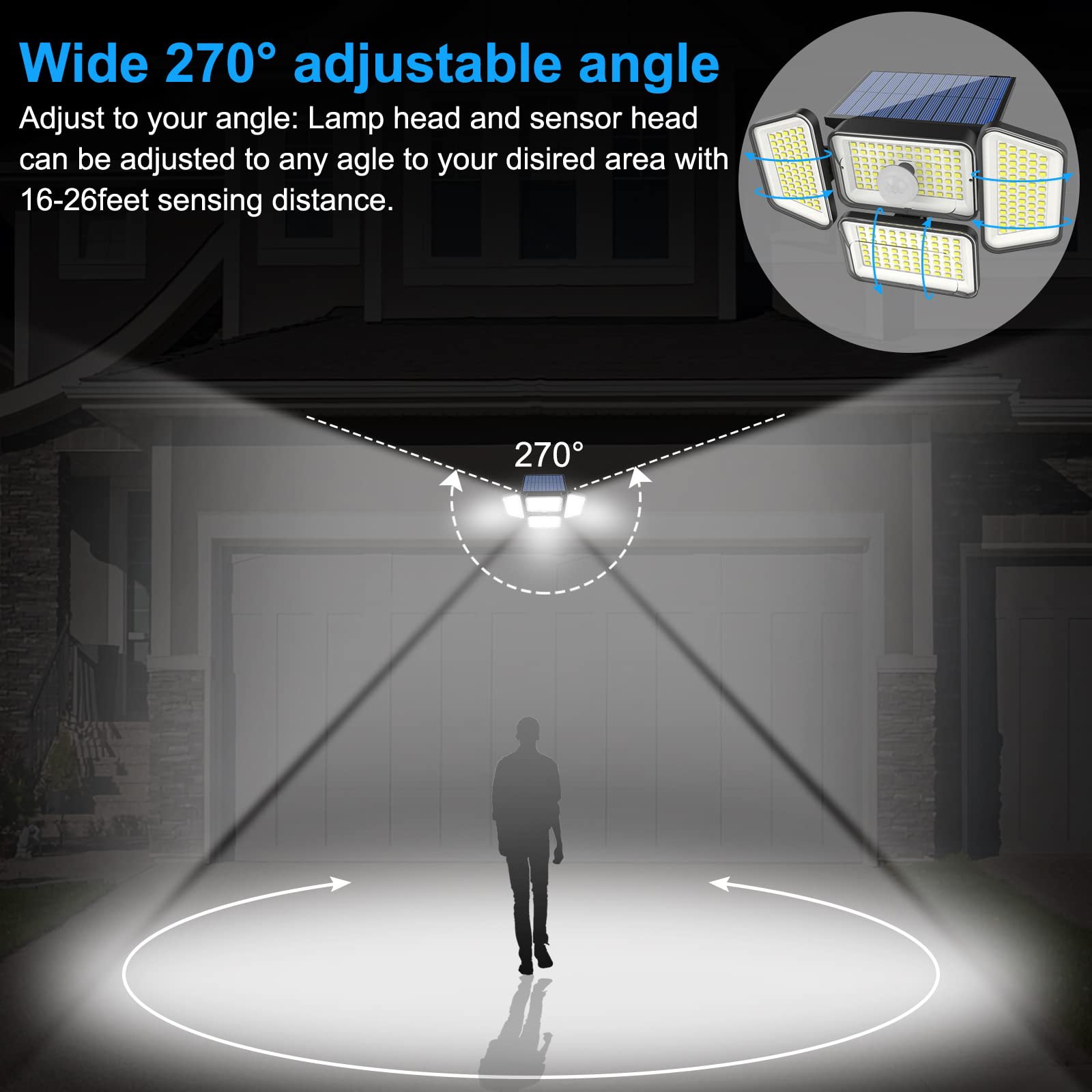 2 Pack Solar Outdoor Lights,4 Heads 268 LED 3000LM Solar Motion Sensor Lights, IP65 Waterproof Wireless Solar Security Lights, LED Flood Lights for Garage Yard Pathway