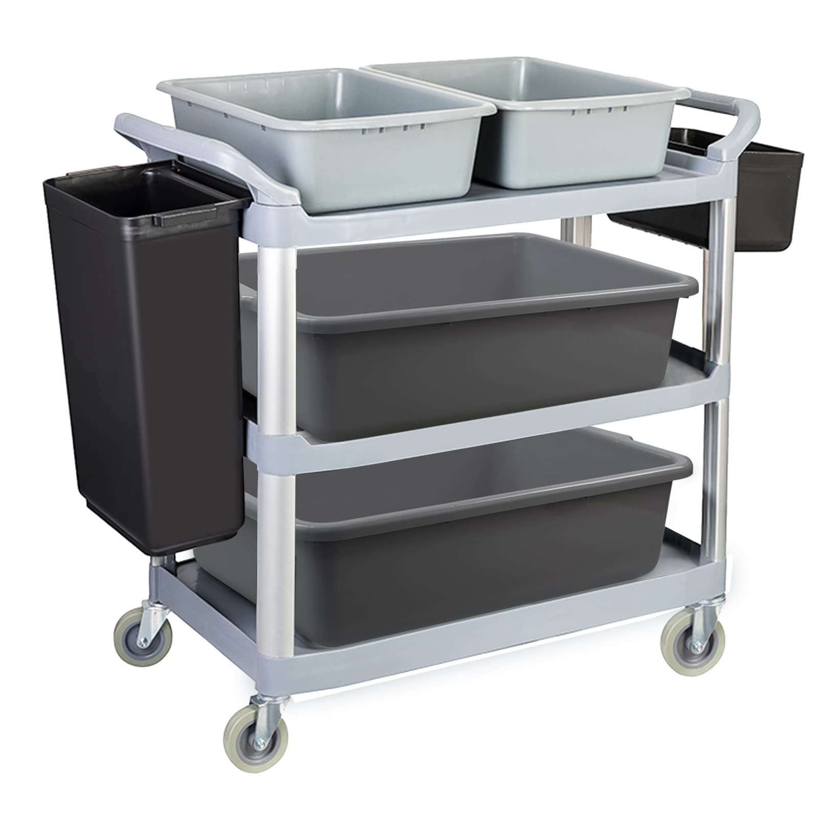 Yesdate 4 Packs 24 L Plastic Commercial Bus Box, Large Bus Tub, Utility Bus Tote, Grey