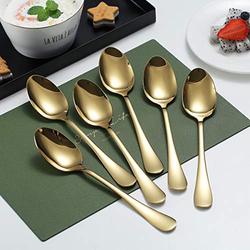 Gold Dinner Spoons, Kyraton 6 Pieces 7.5" Stainless Steel Table Spoon With Titanium Gold Plating, Gold Soup Spoons, Dessert Spoons Sliverware Dishwasher Safe Set of 6