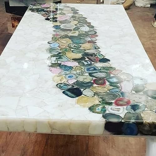 42 x 72 Inches White Rectangle Shape Marble Dining Table Top Gemstone Epoxy Art Reception Table for Hotel Furniture Decor