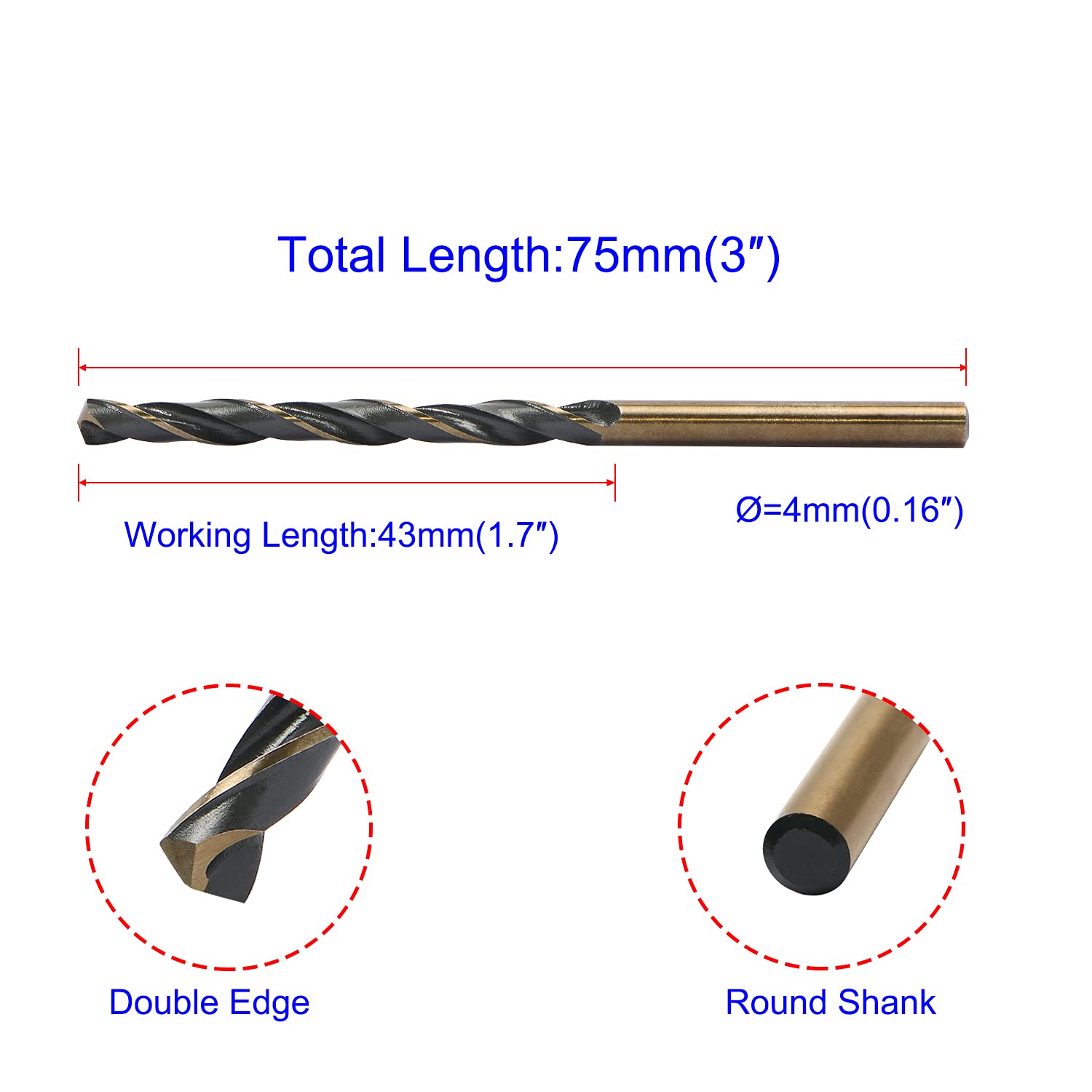 Ohamtes 4mm Reduced Shank Twist Drill Bits High Speed Steel HSS 4341 for Iron/Copper/Plastic/Aluminum Plates/Metal Materials, Round Shank, Double Edge, 2 Pcs