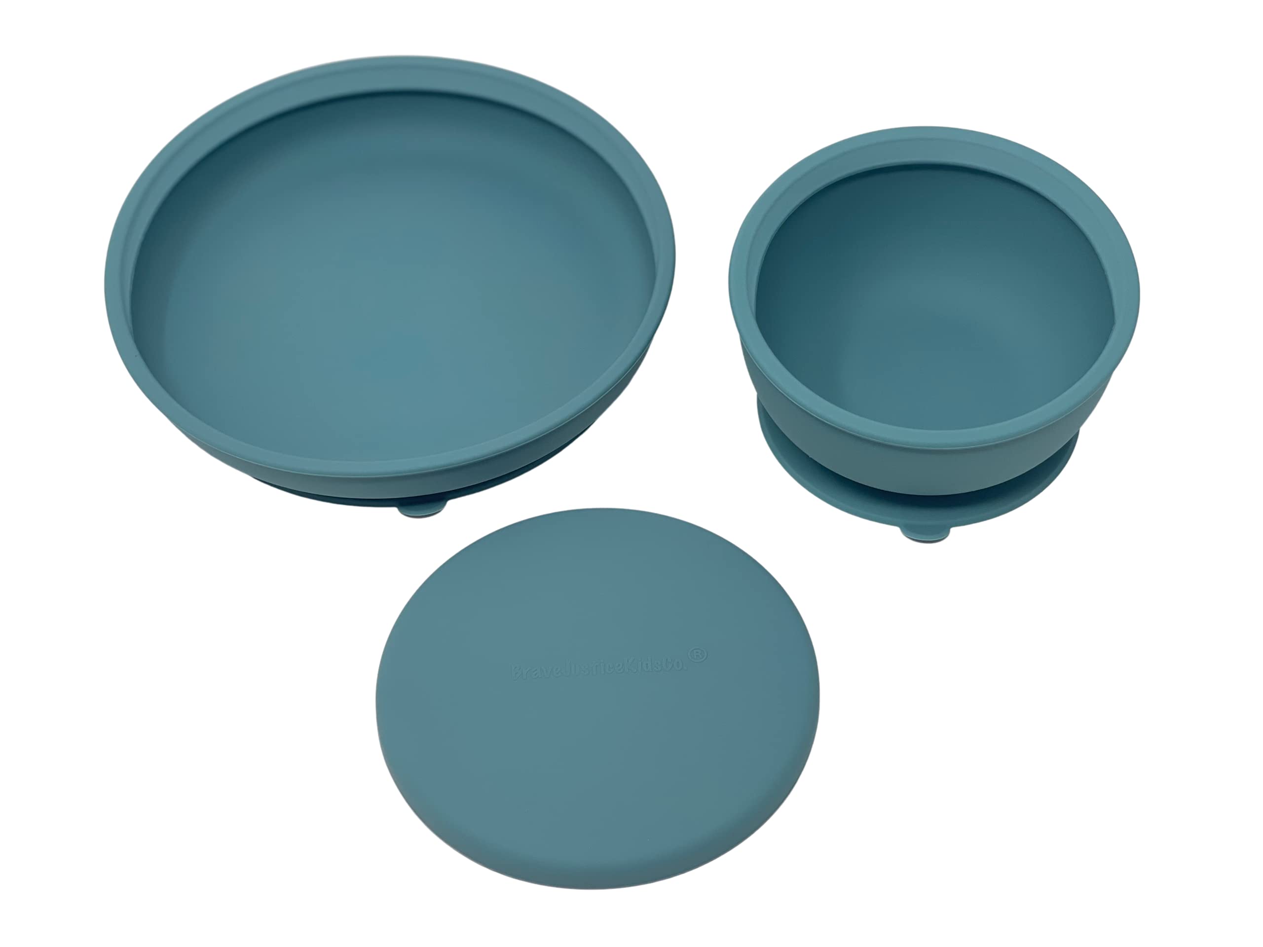 BraveJusticeKidsCo. | Silicone Assist Plate and Assist Bowl Combo Pack for Toddler and Baby | Suction Bowl and Plate| Baby-Led Feeding (Citadel)