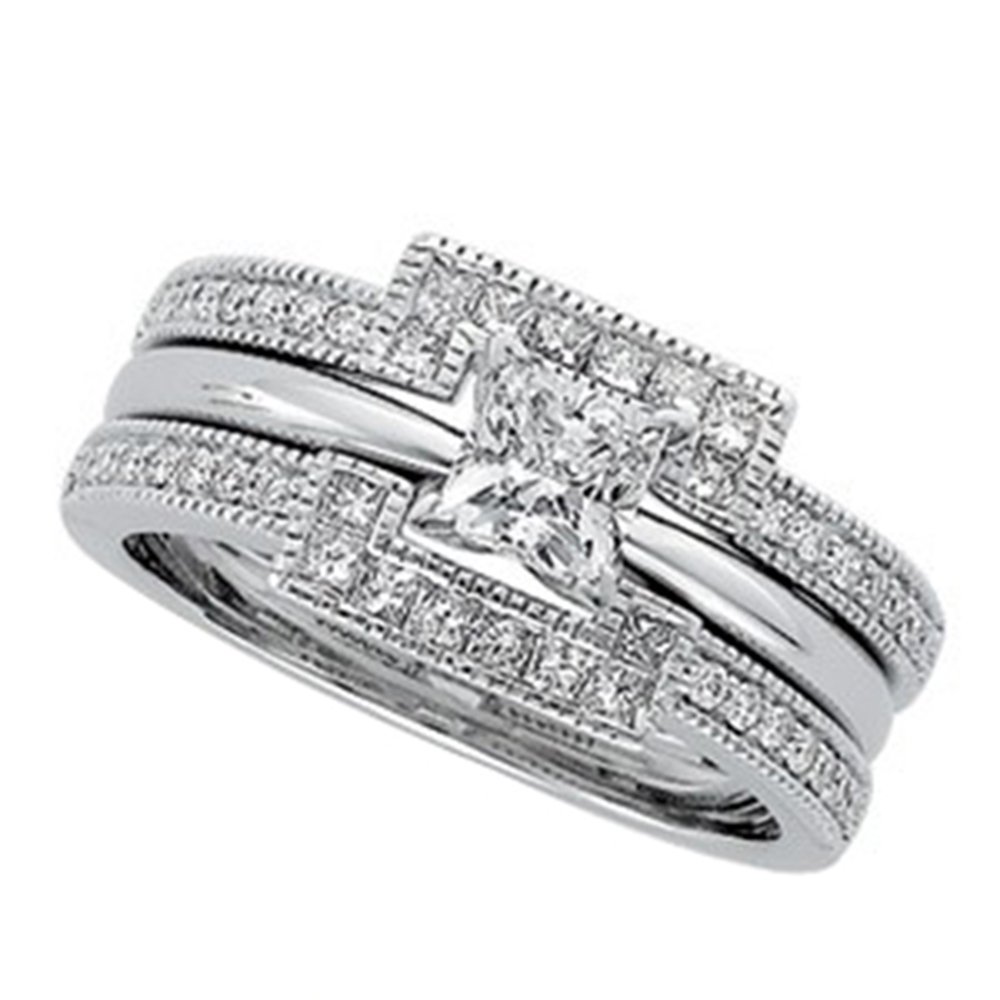 14k White Gold Plated Simulated Diamonds Princess Round Cut Solitaire Wrap Ring Guard Enhancer 7.5