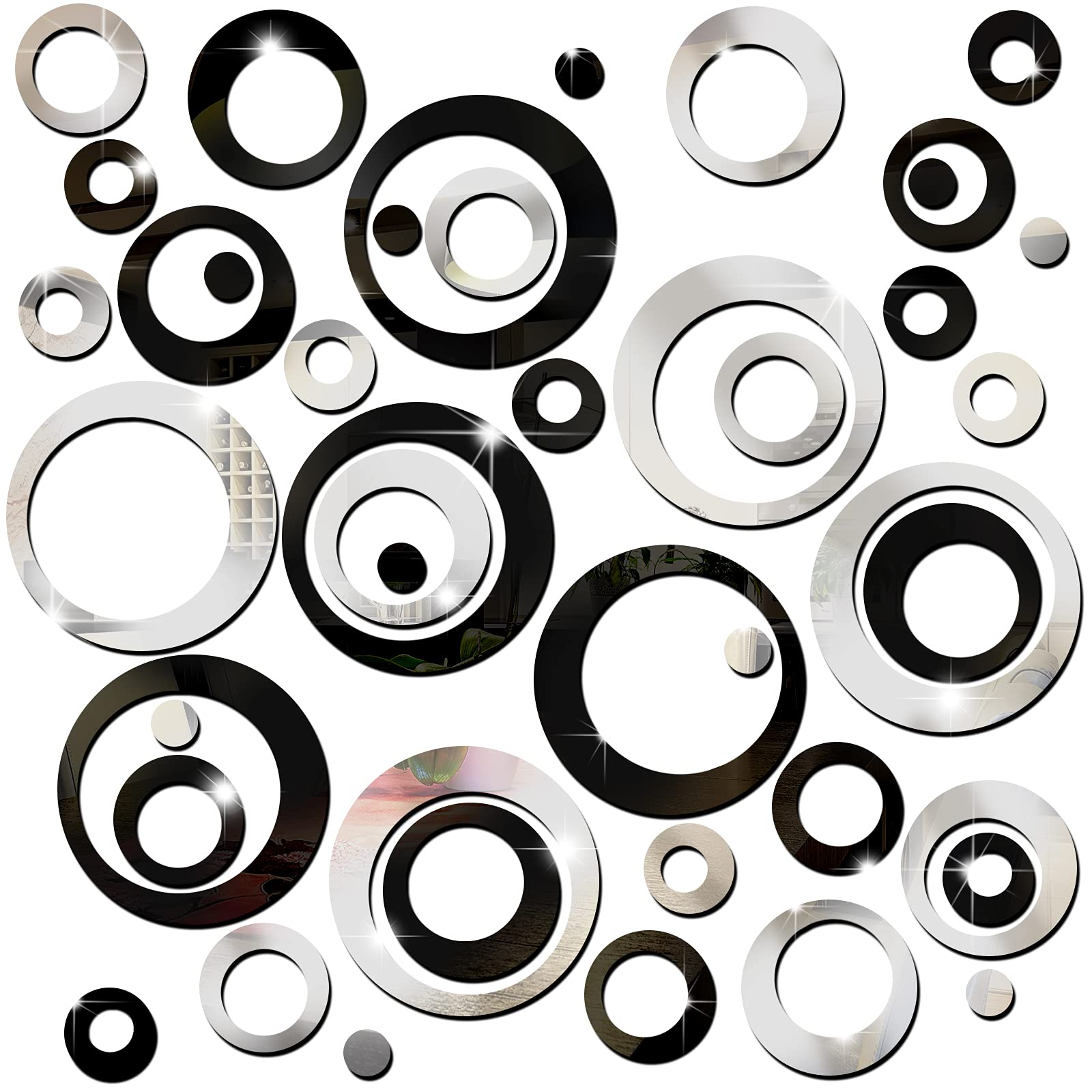 Outus 72 Pieces Wall Stickers Acrylic Circle Mirror Removable Round Dots Mirror Wall Decoration Wall Decals Murals for Home Living Room Bedroom Decor(Silver, Black)