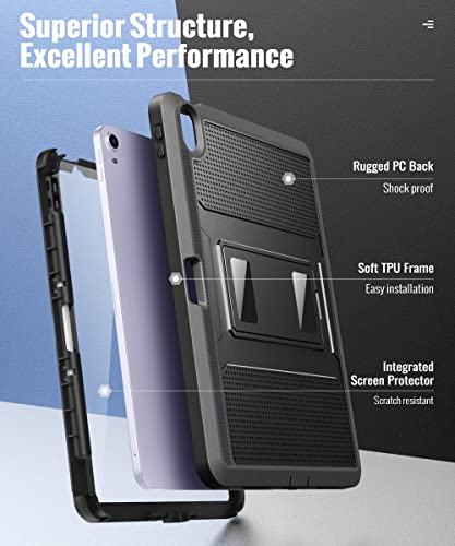 MoKo Case for iPad Air 5th Generation 2022/ iPad Air 4th Generation 2020 10.9 Inch with Pencil Holder, Kickstand, Built-in Screen Protector, Heavy Duty Shockproof Rugged Case for iPad Air 5/4,Black