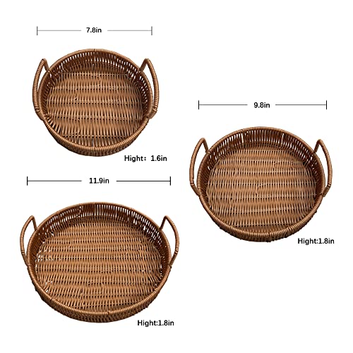 3 Pack Woven Serving Tray with Handles, Imitation Rattan Woven Tray, Hand-Woven Tray,Woven Basket, Storage Basket, Round Double Handle (Imitation Rattan, Brown)