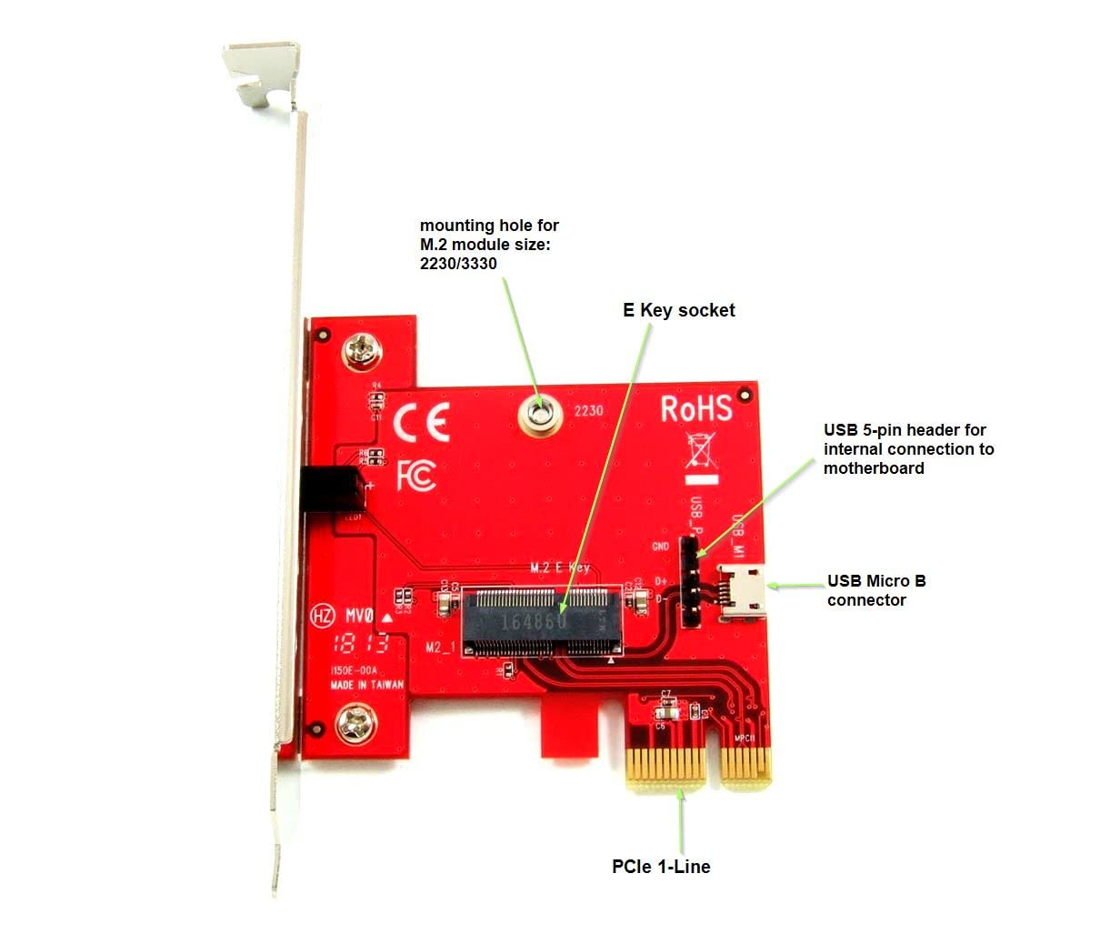 Ableconn PEXM2150E PCI Express x1 Adapter Card with M.2 Key E Socket - Support M2 E Key or A-E Key WiFi or Bluetooth Module