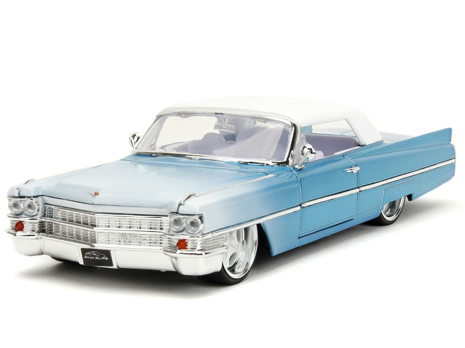 1963 Coupe DeVille Blue Metallic and White Gradient with White Top and Interior Pink Slips Series 1/24 Diecast Model Car by Jada 34897