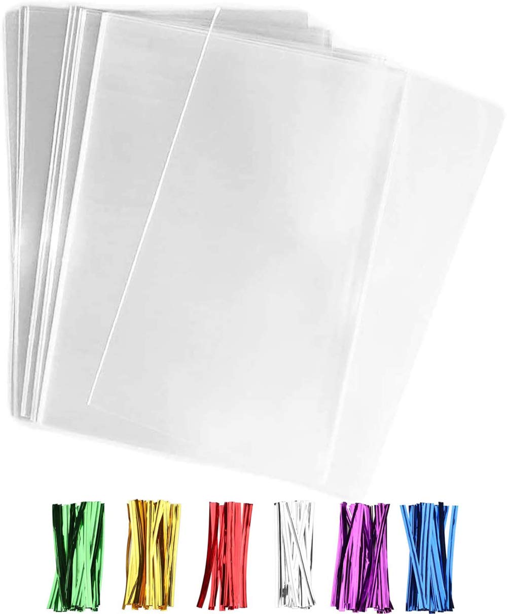 50 pcs Clear 12" x 16"(W:30.5XL:40.6cm) Flat Cello Cellophane Bags Poly Treat Bags 2.8 mils for Gift Wrapping, Bakery, Cookie, Candies, Toast, Dessert, Party Favors Packaging with Color Twist Ties