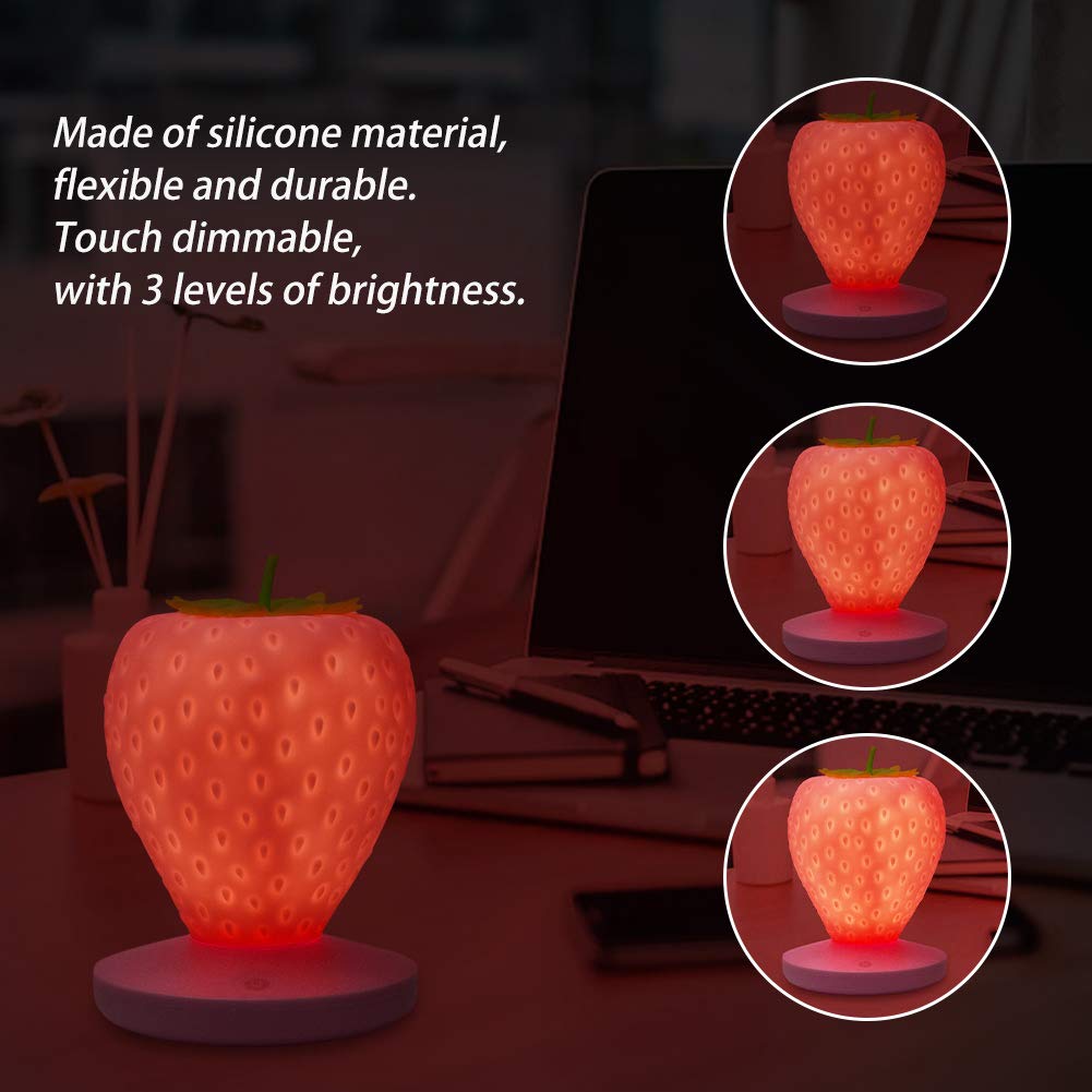LVOERTUIG Strawberry Night Light, Cute Silicone Strawberry Lamp, LED Cute Night Light, Bedside Color Changing Lamp, 3 Modes Touch for Birthday, Christmas