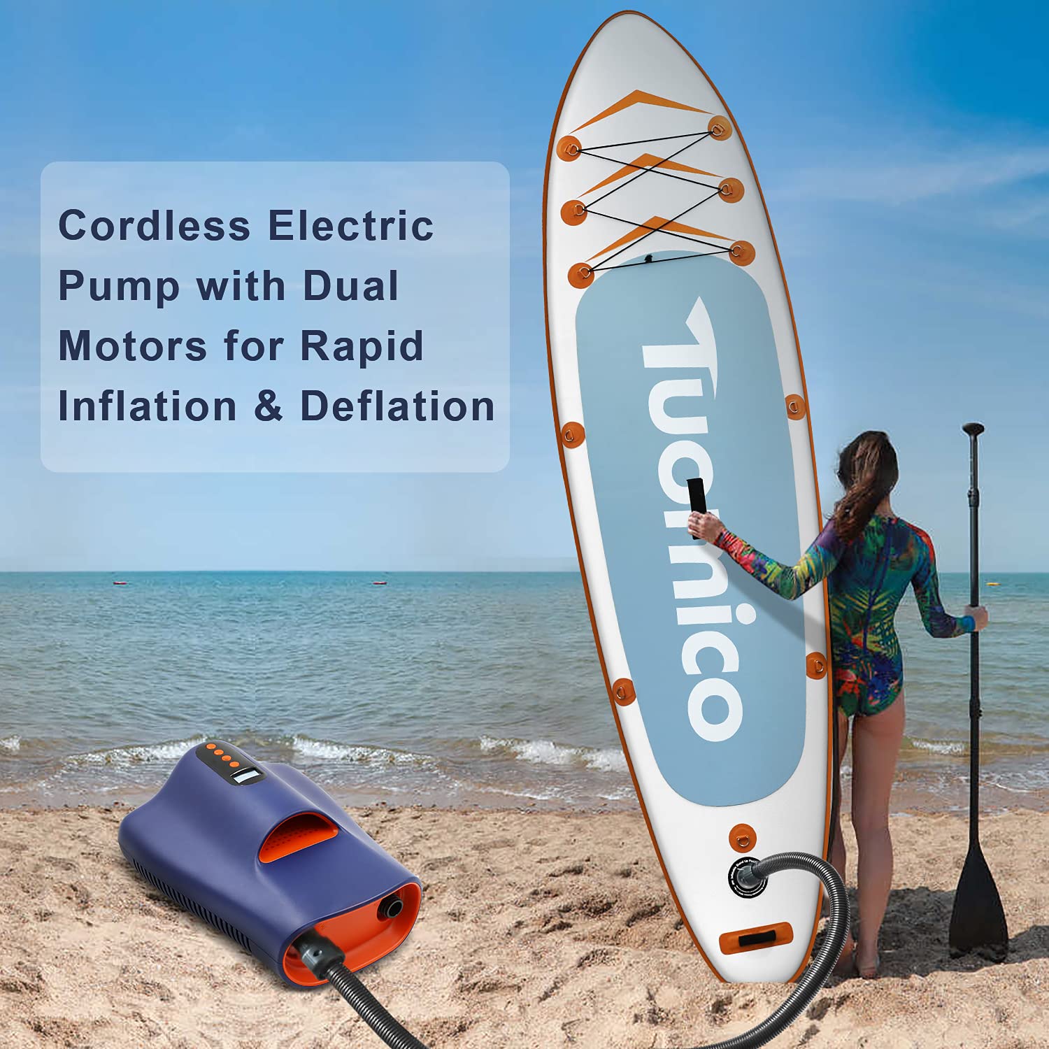 16PSI Rechargeable Sup Air Pump Cordless Paddle Board Pump Portable with Carry Bag,Auto-Off Feature, Inflator & Deflator for Isup Kayak Boat Pool Raft Tent Inflatables