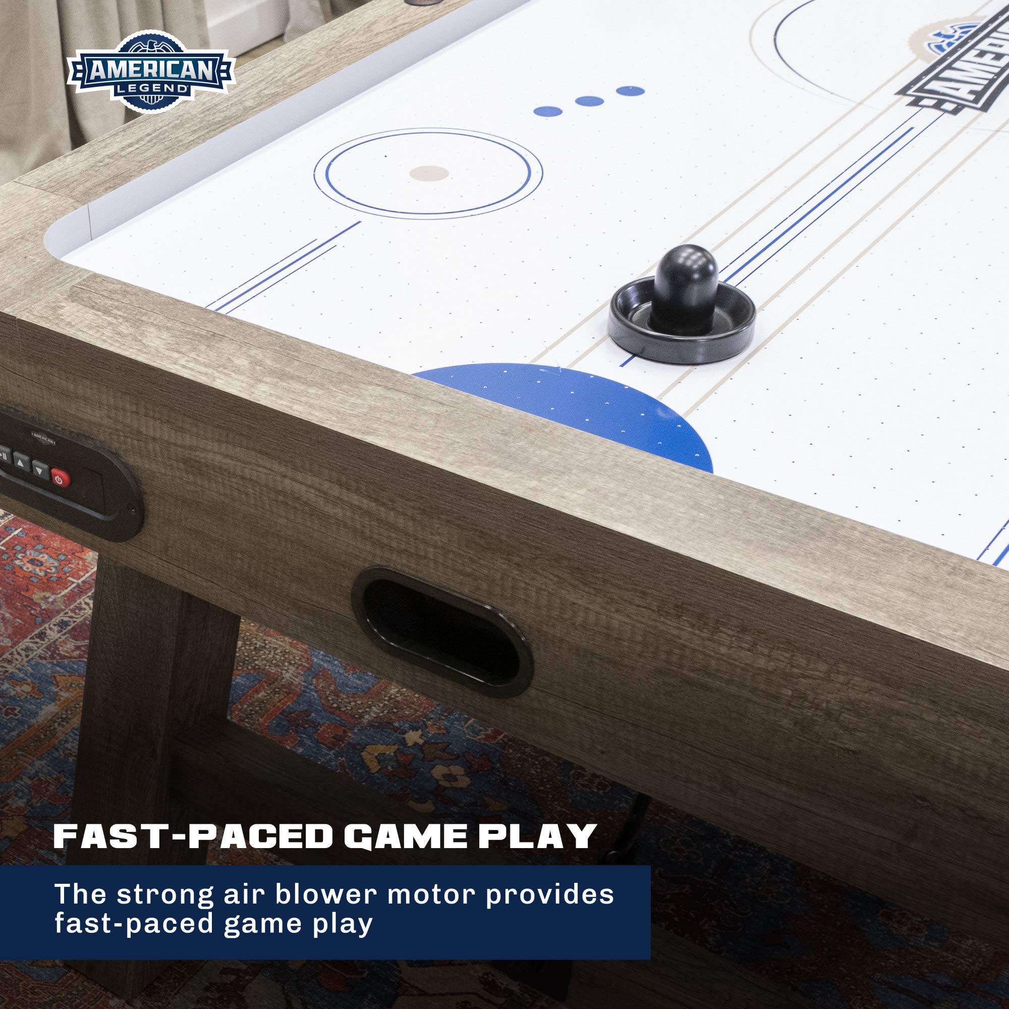 American Legend Brookdale Air-Powered Hockey Table with Rustic Wood Grain Finish, Angled Legs and Turnbuckle Accents Brown, 75.31"L x 38.98"W x 8.5"H