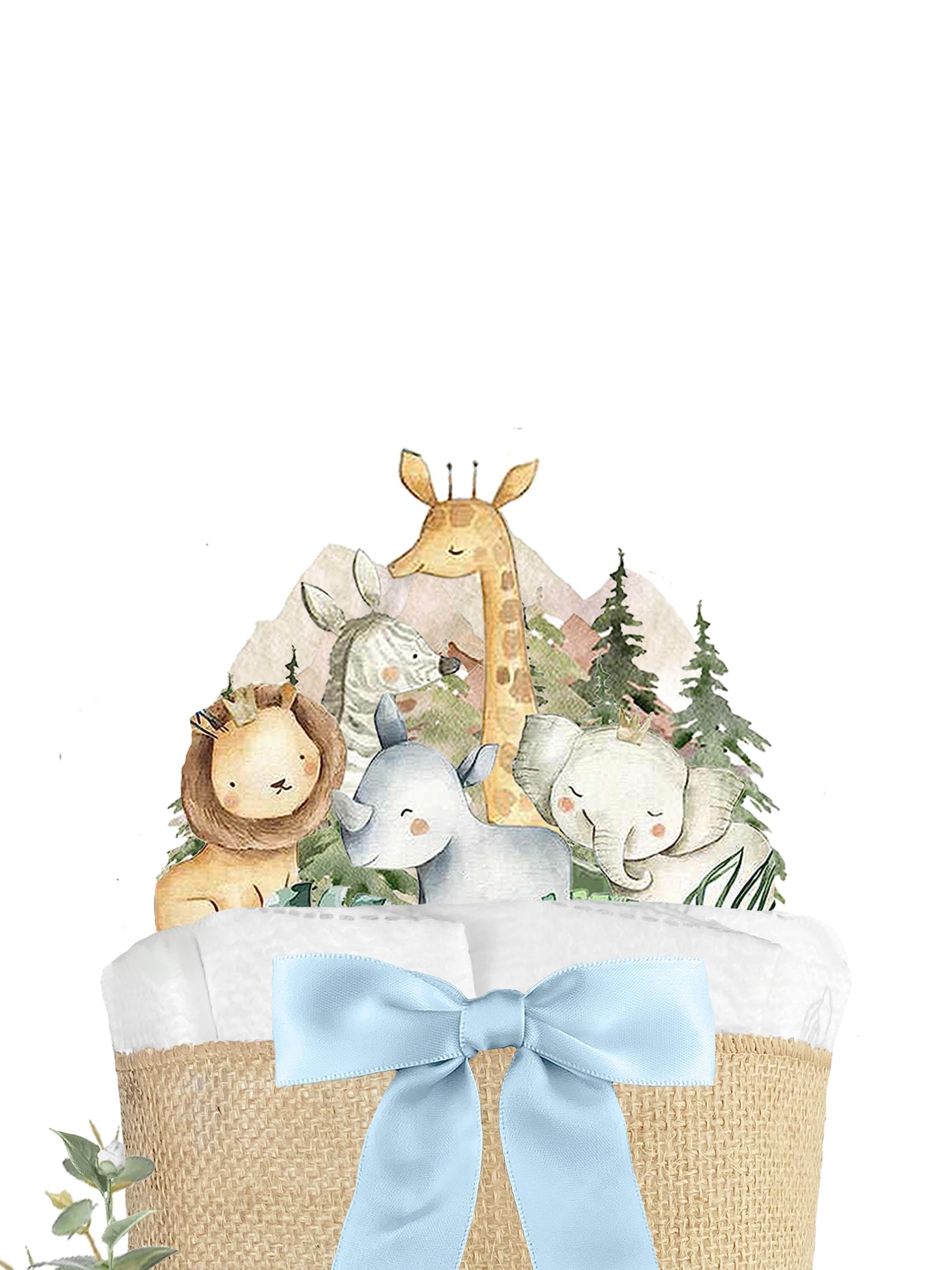 Sunshine Gift Baskets Safari Diaper Cake - Boy Gift - Burlap & Blue - 42 Pampers Swaddlers Size 1 (8-14lbs.) - Large 3-Tier 10in. x 10in. x 16in. Tall
