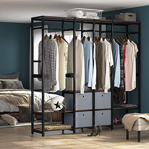 Tribesigns Freestanding Closet Organizer, Heavy Duty Clothes Closet, Extra Large Metal Garment Rack with Shelves and Hanging Rod, Vintage Walnut Board Finish & Black Metal Frame