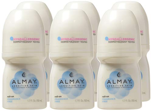 Almay Anti-Perspirant & Deodorant, Sensitive Skin, Roll-On, Fragrance Free, 1.7 Fl Oz (Pack of 6)
