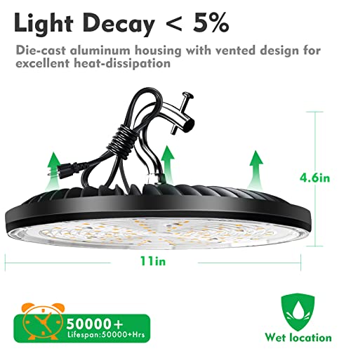 bulbeats LED High Bay Light 150W, 21000Lm (Eqv.600W MH/HPS) UFO high Bay LED Light, 5000K Daylight ETL Listed Bay Lighting with US Plug Energy Saving Upto 1100KW*4/Y(5Hrs/Day) -4Pack