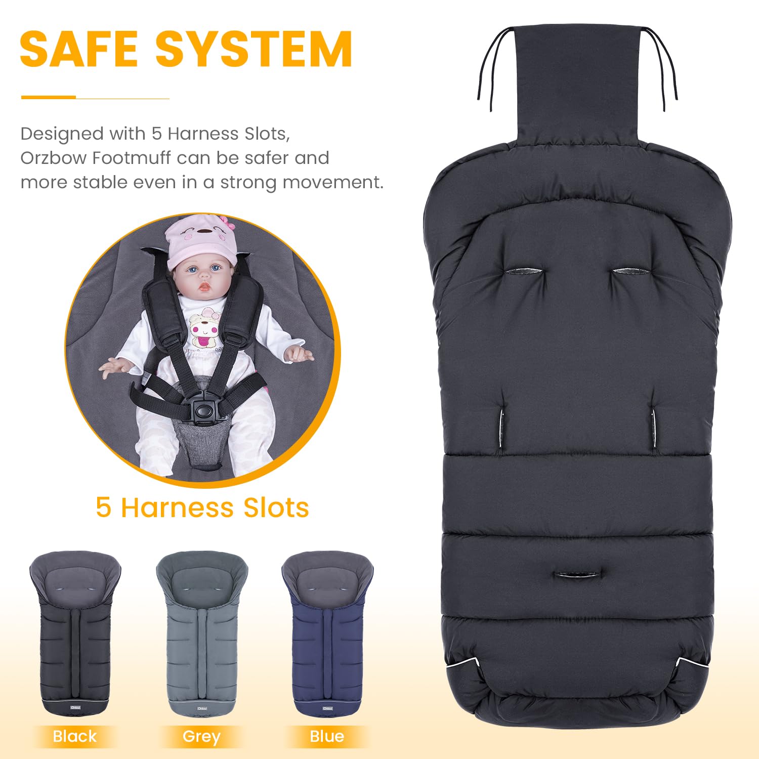 Orzbow Universal Footmuff for Stroller, Winter Warm Baby Stroller Bunting Bag, Waterproof Windproof Warm Polar Fleece Lined for Toddler Stroller Sleeping Bag, Black
