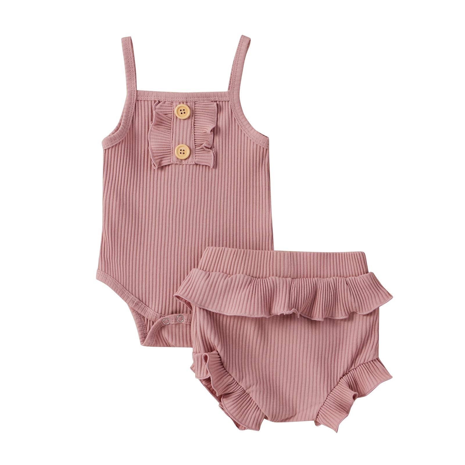 Dimoybabe Baby Girl Summer Clothes Bloomer Knit Cotton Outfits Infant Romper Strap Sleeveless Ruffle Light Pink 3-6 Months 80CM