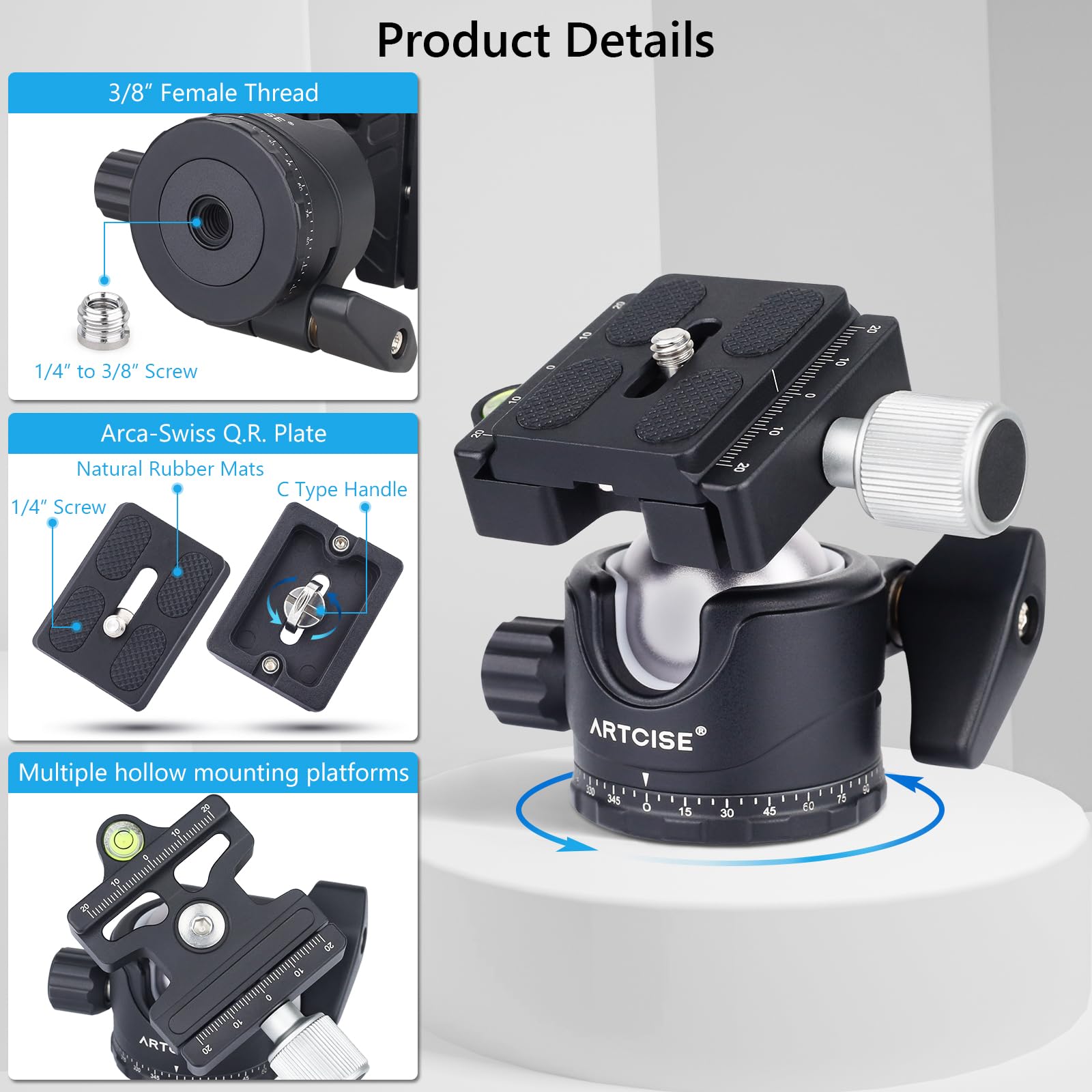 Low Profile Tripod Ball Head 36mm Stability Panoramic Tripod Head 360 Rotating Metal Ballhead with 1/4 inch Arca QR Plate for DSLR Cameras Tripods Monopods Camcorder Slider Max Loading 44.1lbs/20kg