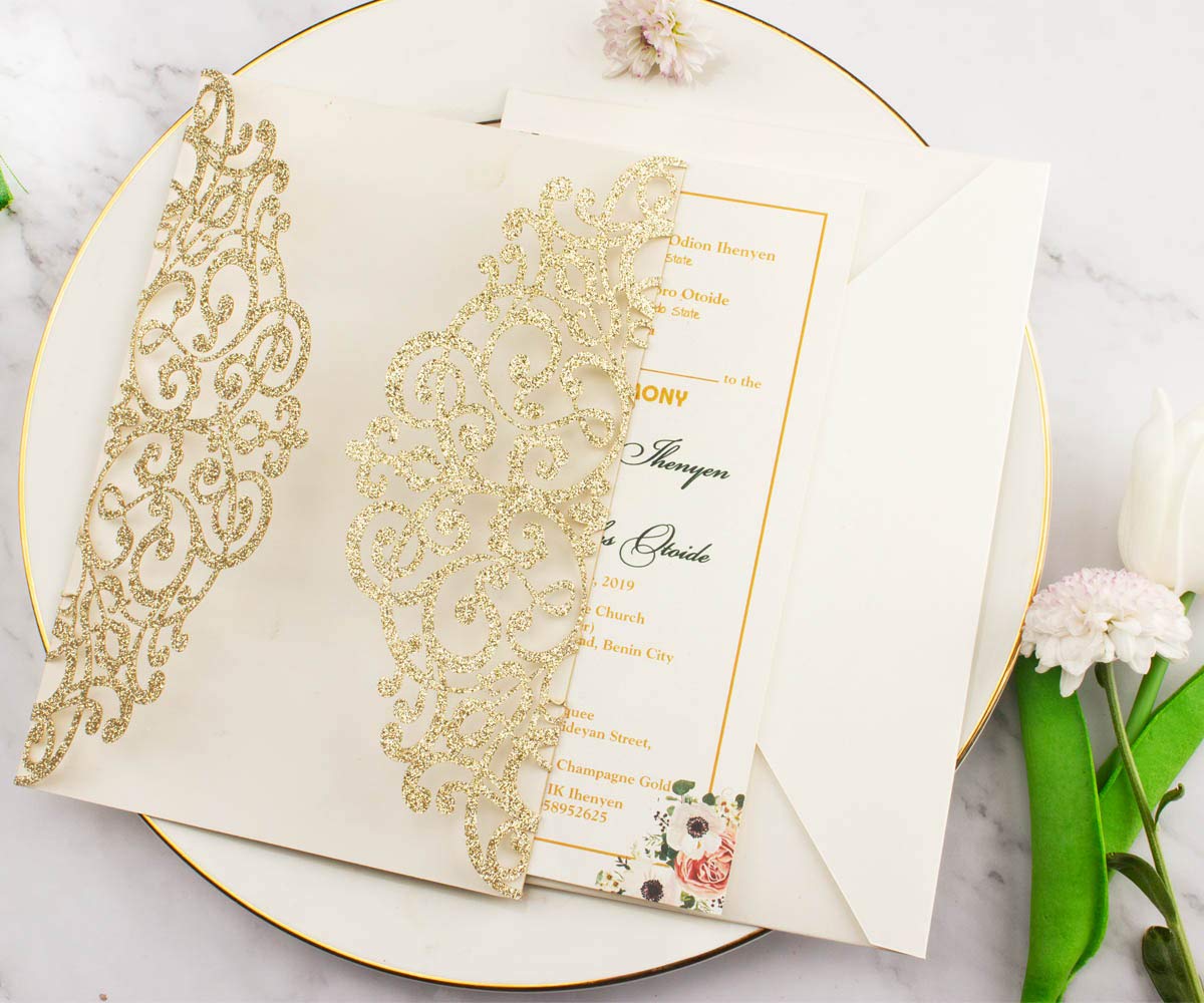 50Sets 5x7 inch 250gsm Light Gold Glitter Wedding Invitations Cards with Envelopes Laser Cut Greeting invites 4 Birthday Bridal Show