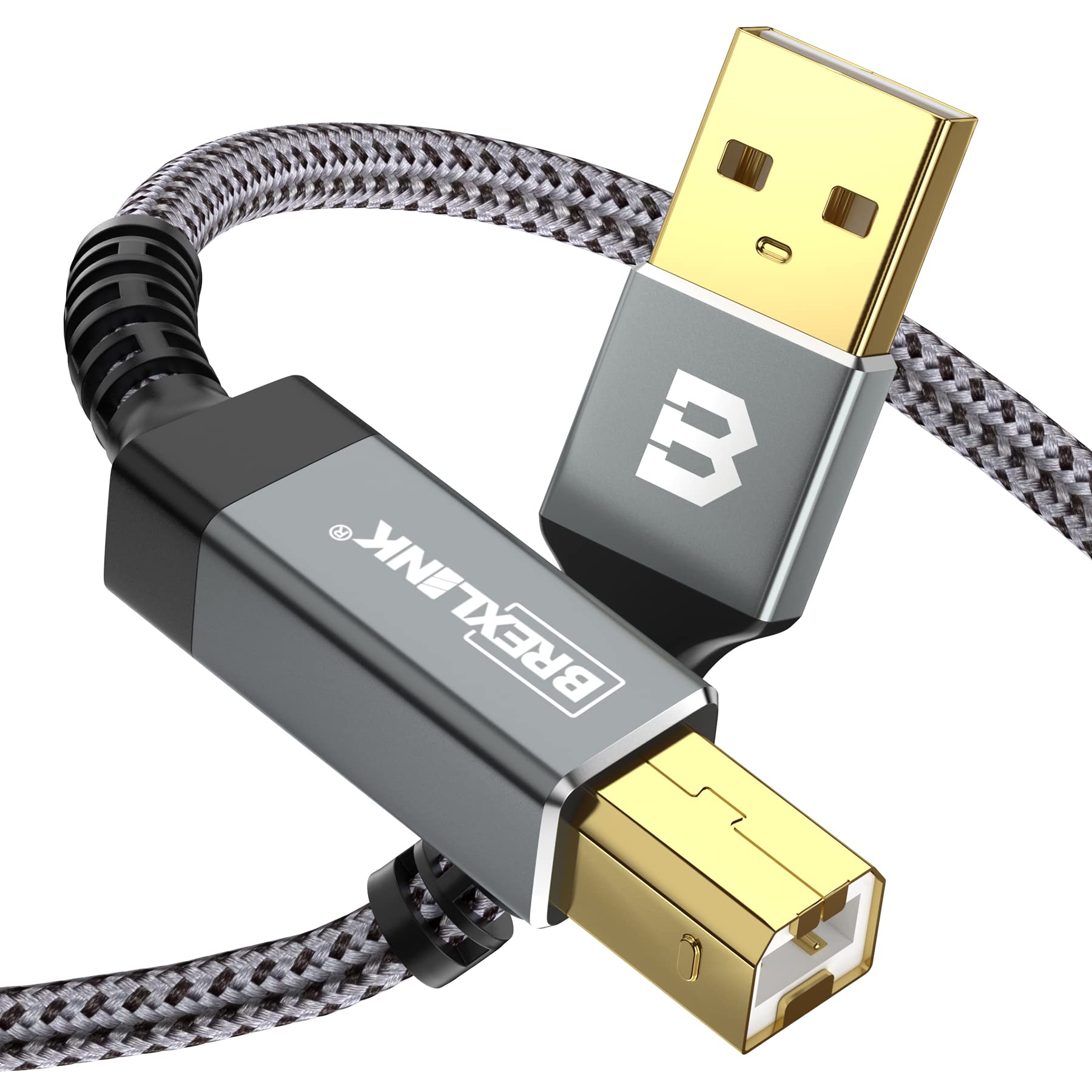BrexLink USB 2.0 Printer Cable10ft, A-Male to B-Male Printer Cord, Durable Nylon Braided High Speed Scanner Fax Cord Compatible with HP, Canon, Dell, Epson, Lexmark, Xerox, Samsung (Grey)