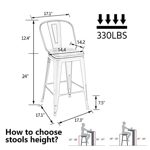 Alunaune 24" Swivel Metal Bar Stools Set of 4 High Back Counter Height Barstools Industrial Dining Bar Chairs with Large Wooden Seat-Matte Black