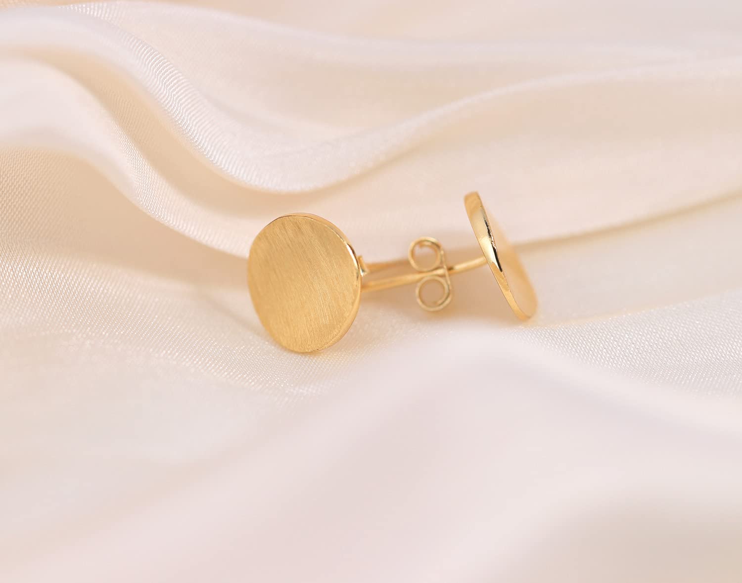 14K Gold Plated Sterling Silver Curved Round Stud Earring Brushed Disc Gold Earrings for Women
